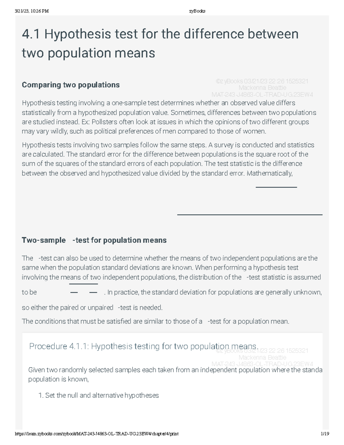 Hypothesis Testing for Population Means - MAT 243 - Module 4 - Studocu