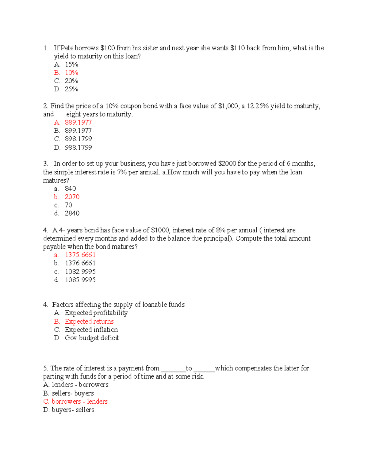 Interest Rate Quiz - Financial Concepts and Calculations - Studocu