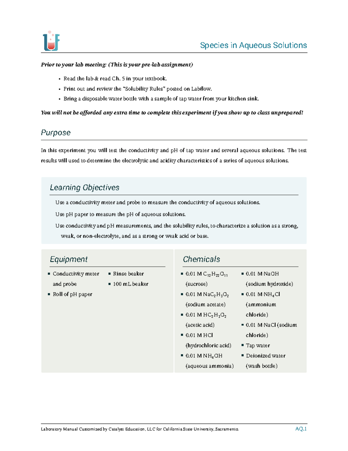 1A-AQ Lab: Conductivity & pH of Aqueous Solutions Experiment - Studocu