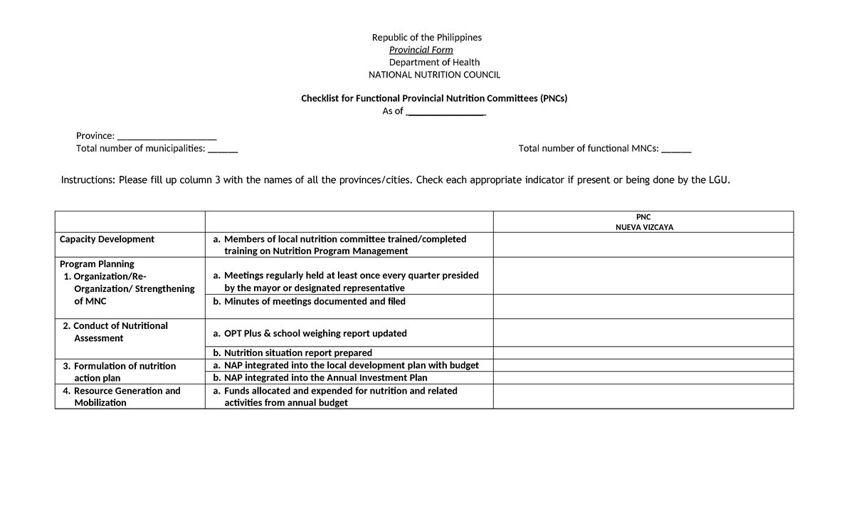 PNC NUEVA VIZCAYA: Checklist for Functional Nutrition Committees - Studocu