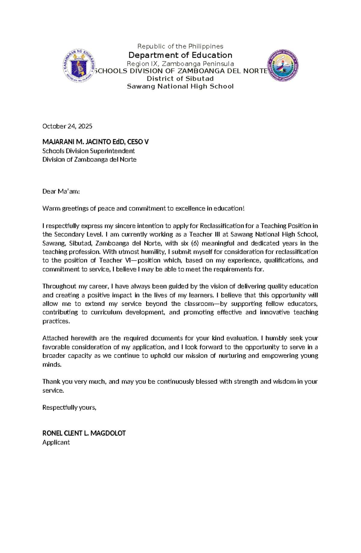 Application for Reclassification to Secondary Teacher Position - Studocu