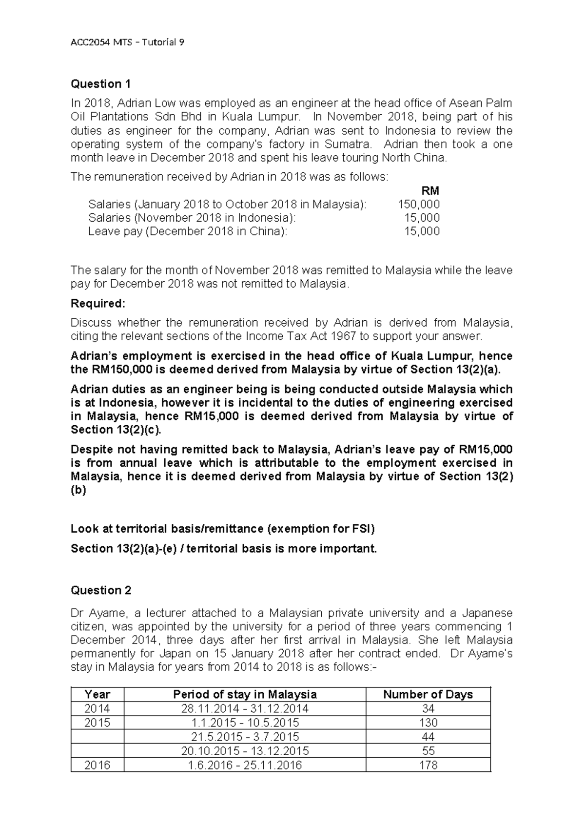 ACC2054 MTS Tutorial 9 Q - ACC2054 MTS – Tutorial 9 Question 1 In 2018 ...