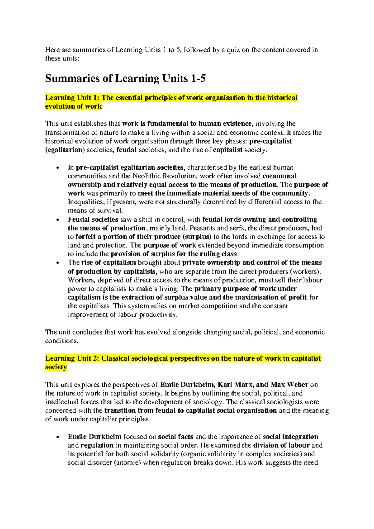 Soc3702 Summaries of Learning Units 1-5 & Quiz on Work Organisation - Studocu