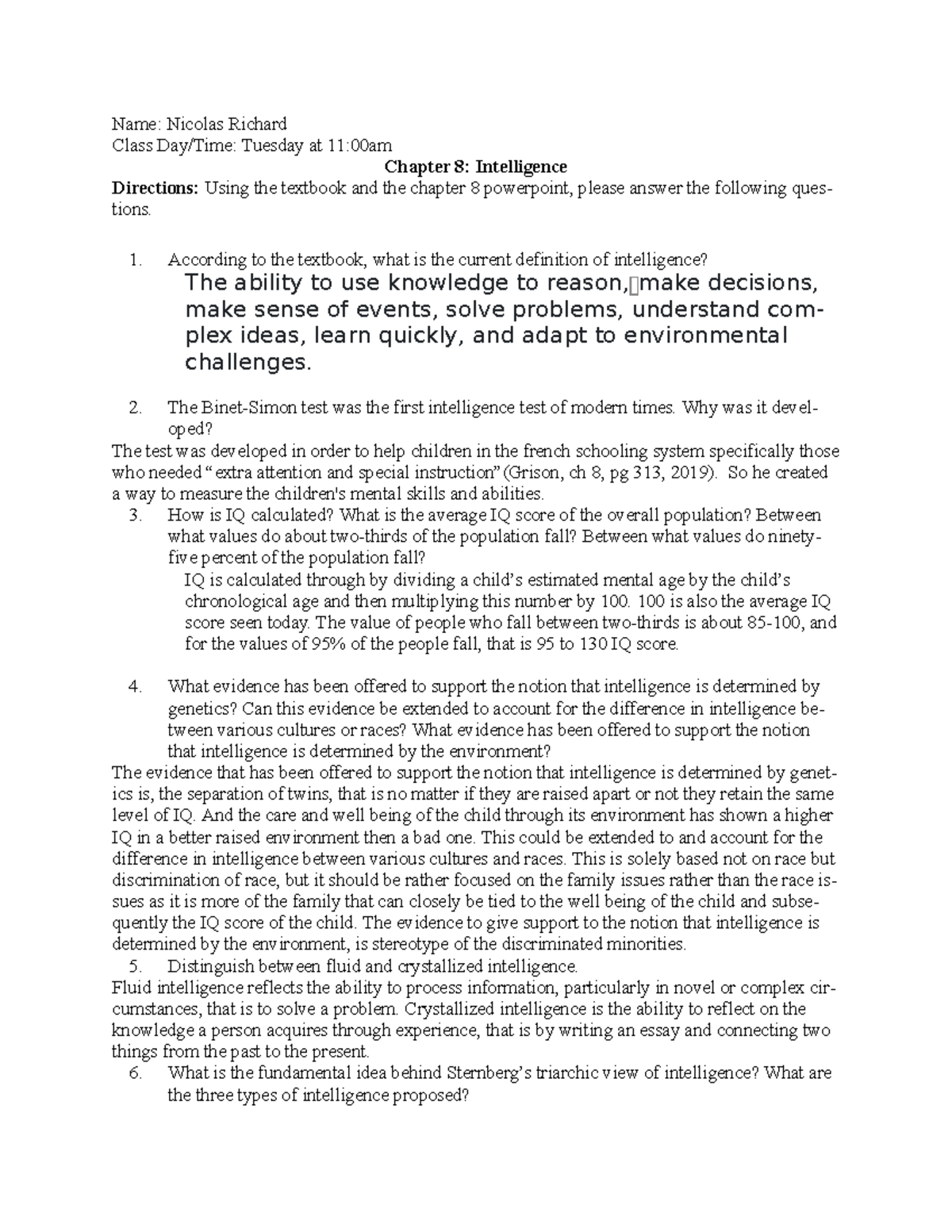 Intelligence Worksheet (1) - Name: Nicolas Richard Class Day/Time ...
