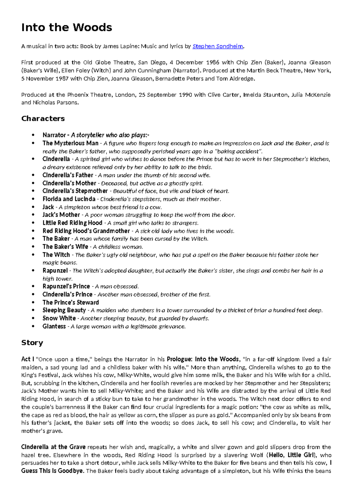 Into the Woods (Musical) Synopsis: A Journey Through Fairy Tales - Studocu