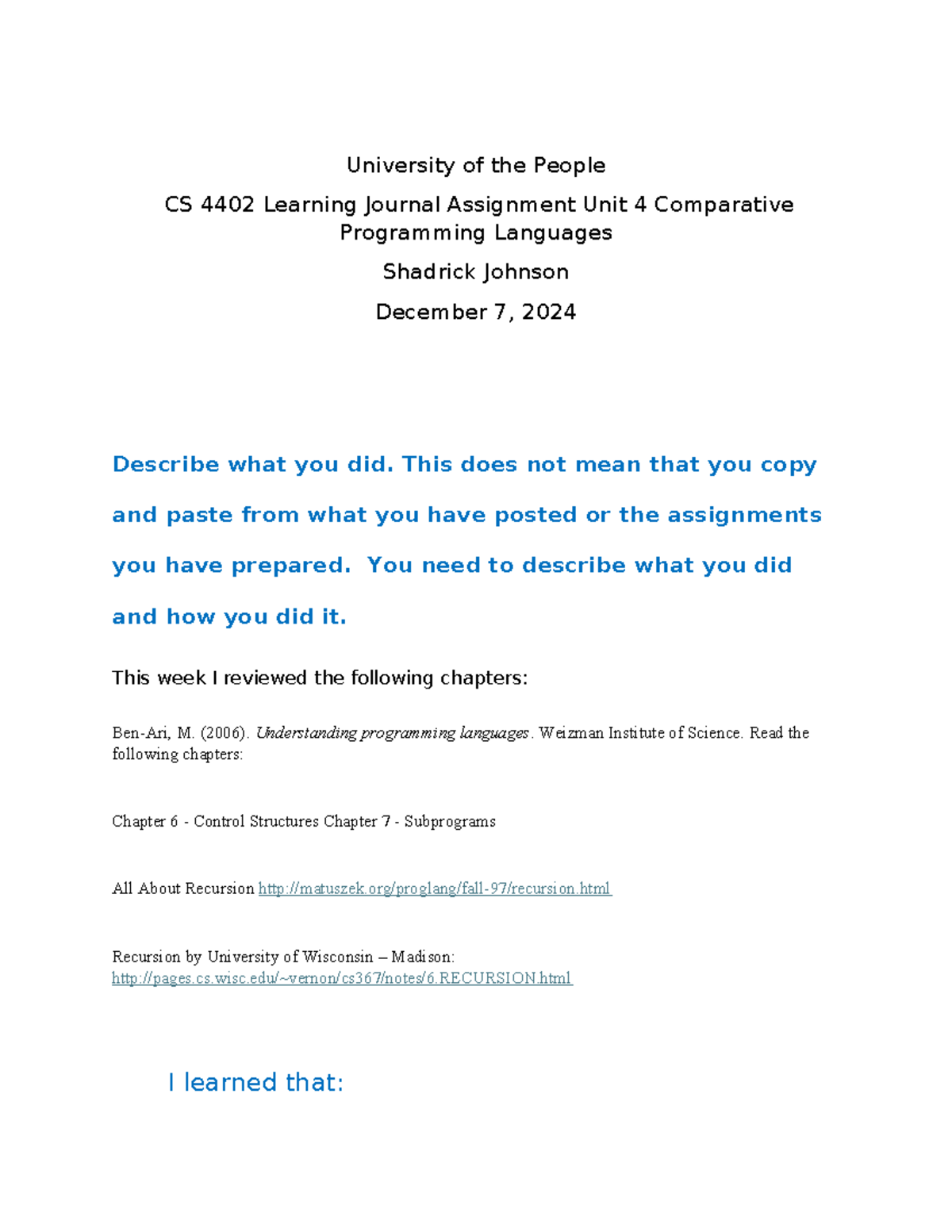 CS 4402 Comparative Programming Languages Unit 4 Learning Journal ...