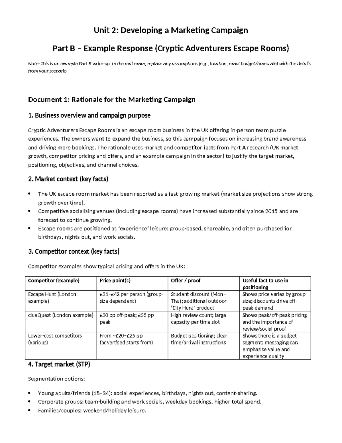 Unit 2: Marketing Campaign Development Example for Cryptic Adventurers ...