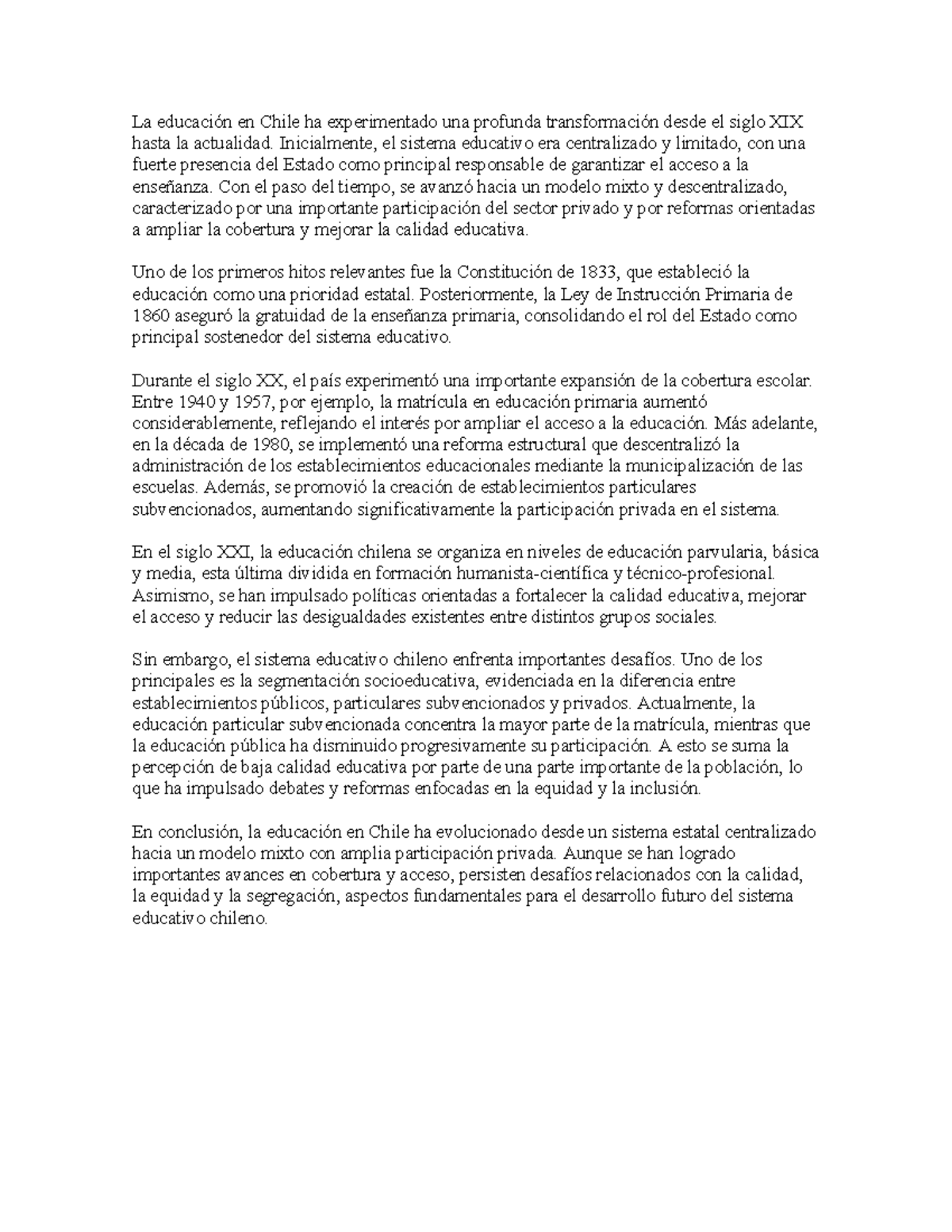 Transformación del Sistema Educativo en Chile: Siglo XIX a XXI - Studocu