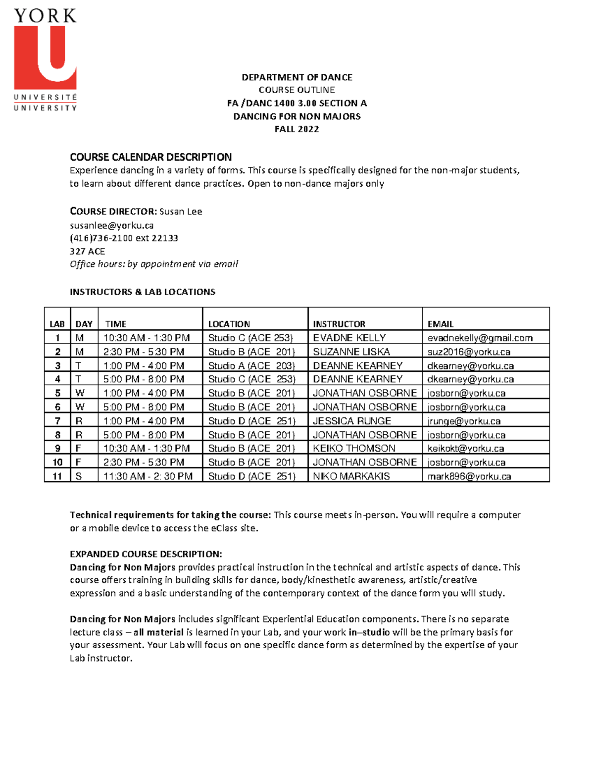DANC 1400 F22 Course Outline: Dancing for Non-Majors Overview - Studocu