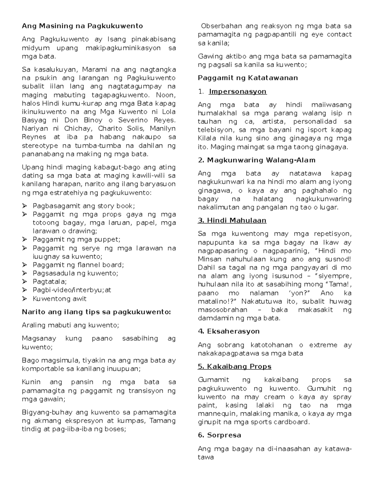 Mga Estratehiya at Tips sa Masining na Pagkukuwento - Studocu