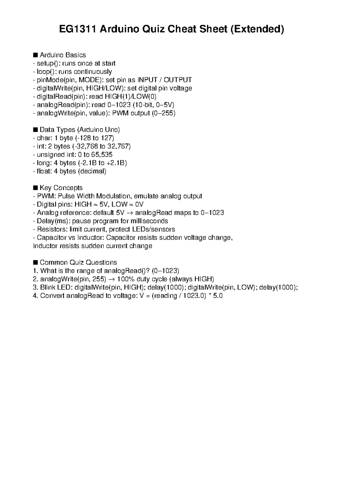 EG1311 Arduino Quiz Cheat Sheet: Key Concepts & Functions - Studocu