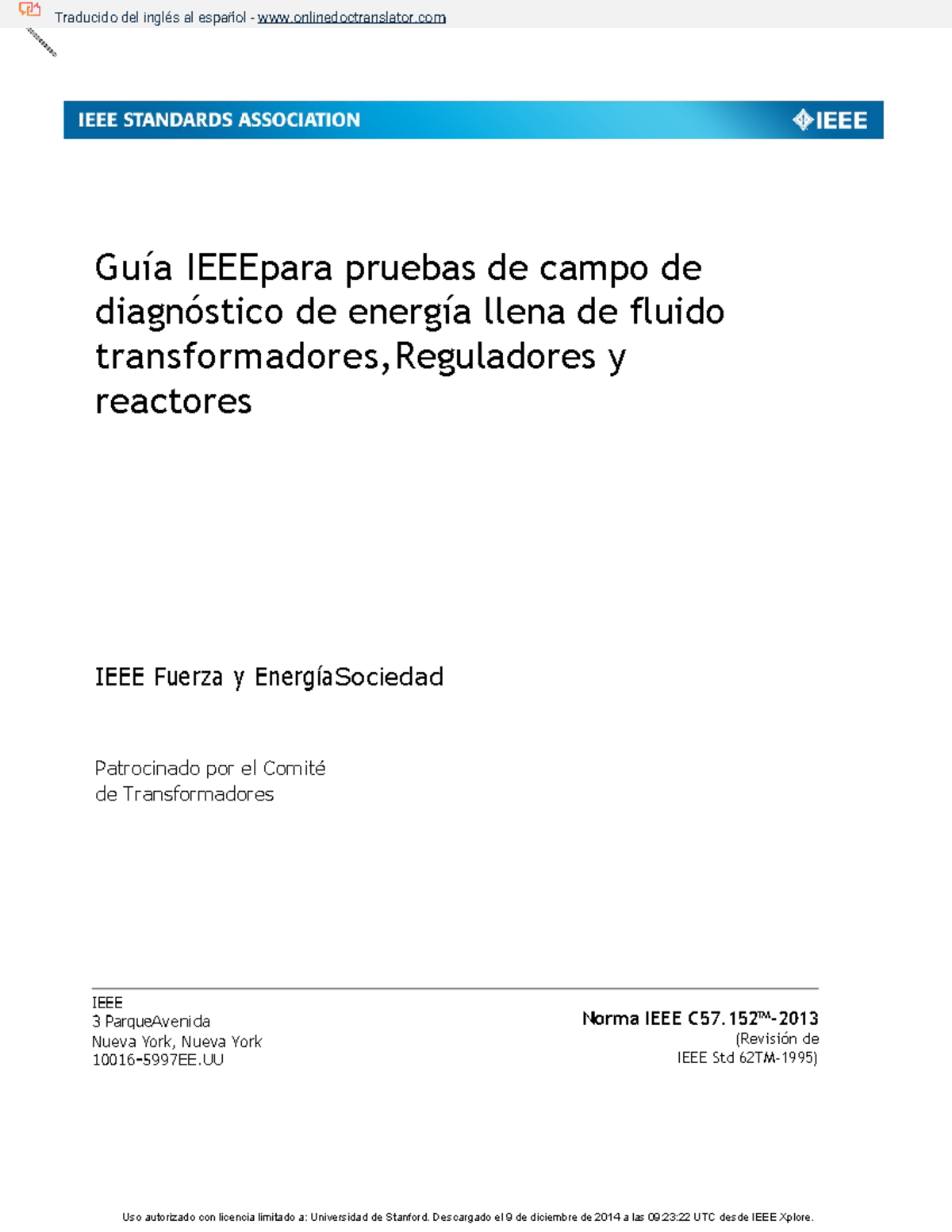 Guía IEEE C57.152-2013 para Pruebas de Campo de Transformadores y Reguladores - Studocu
