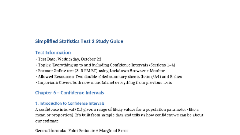 Statistics 101: Test 2 Study Guide on Confidence Intervals - Studocu