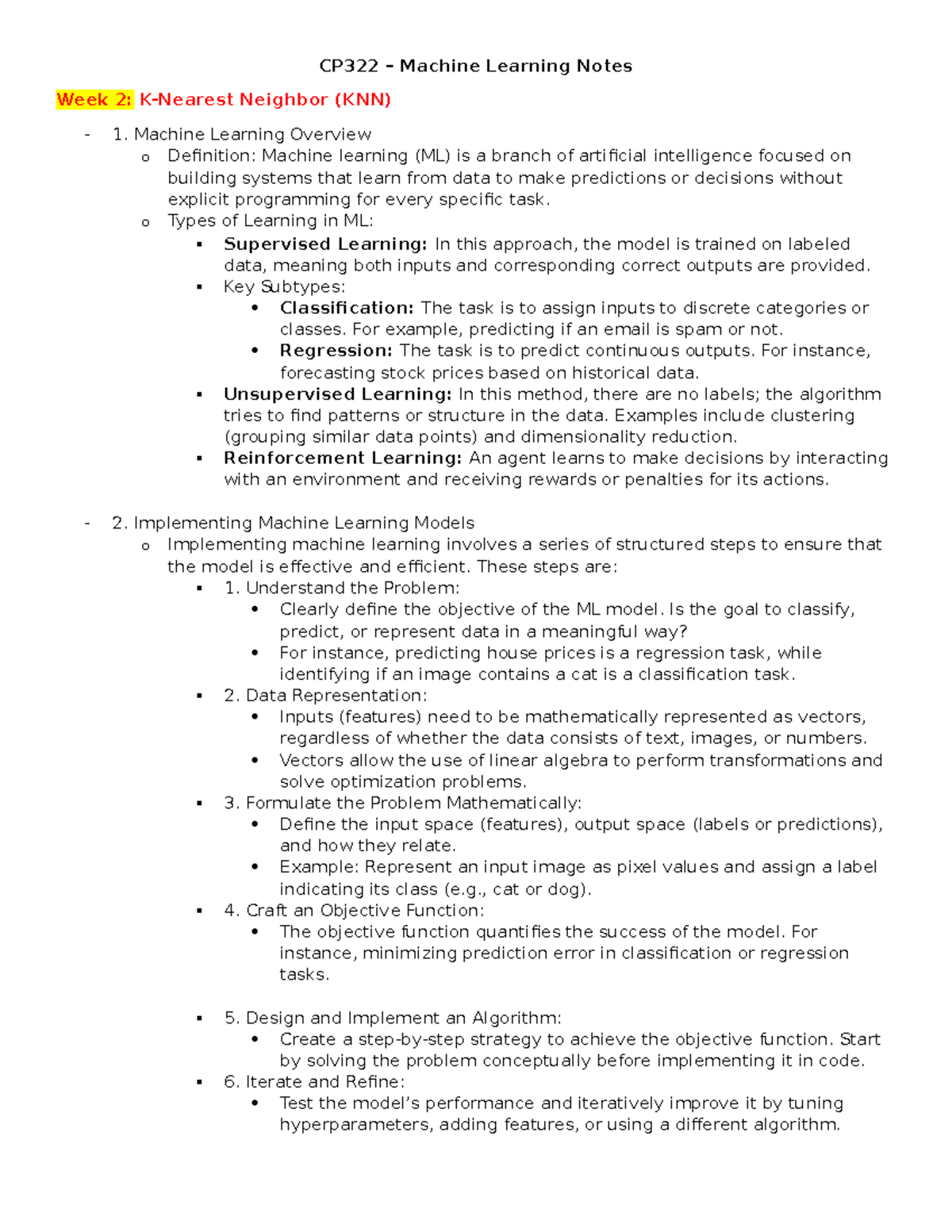CP322 Midterm Notes: Machine Learning Overview & KNN Algorithm - Studocu