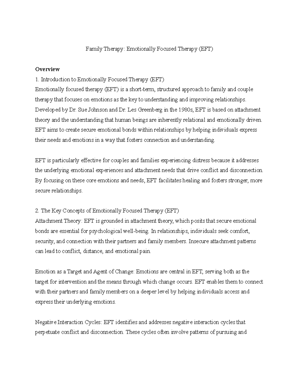 Week 2 - Overview of Emotionally Focused Therapy (EFT) in Family Therapy - Studocu