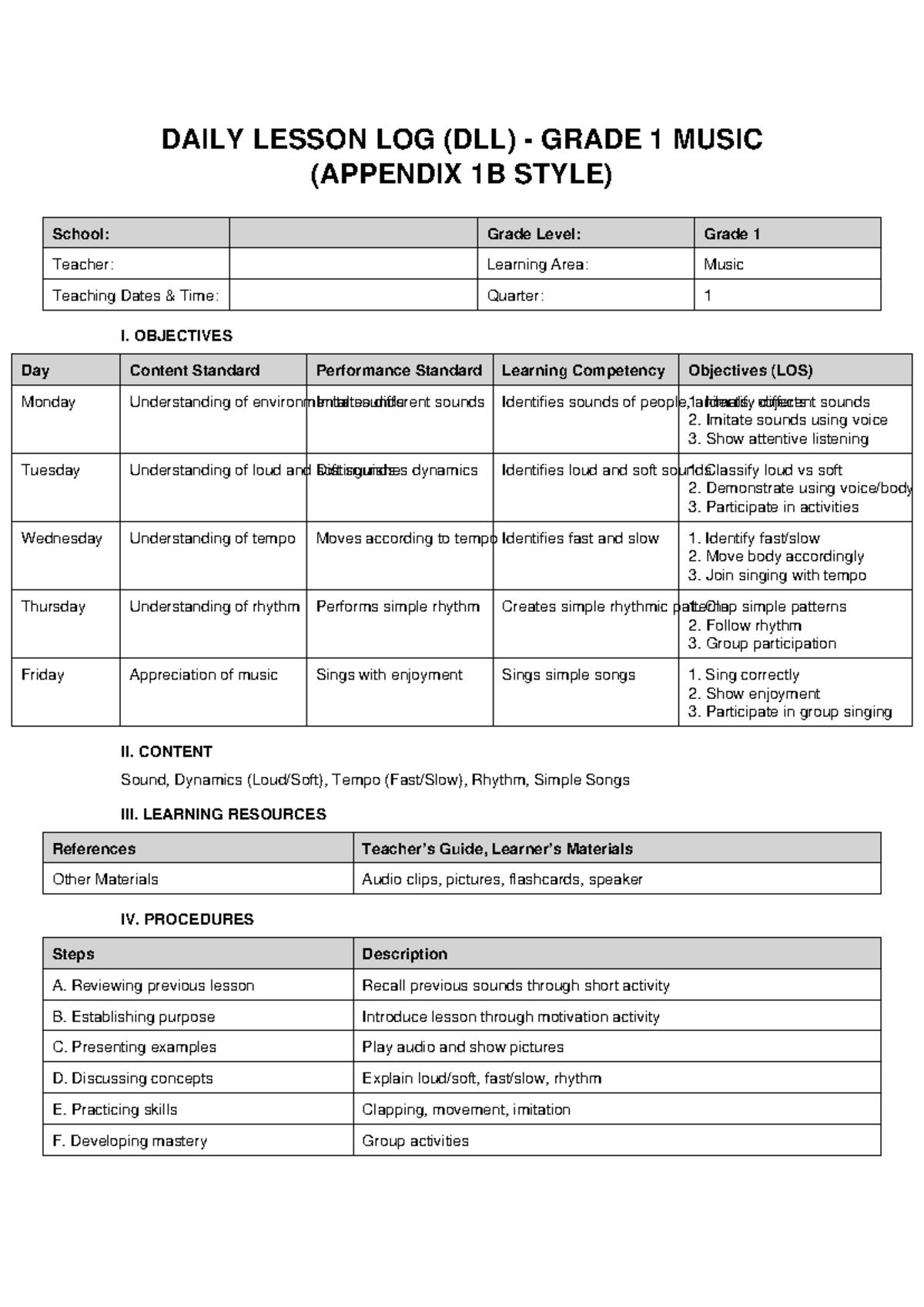 Grade 1 Music Daily Lesson Log (DLL) - Appendix 1B - Studocu
