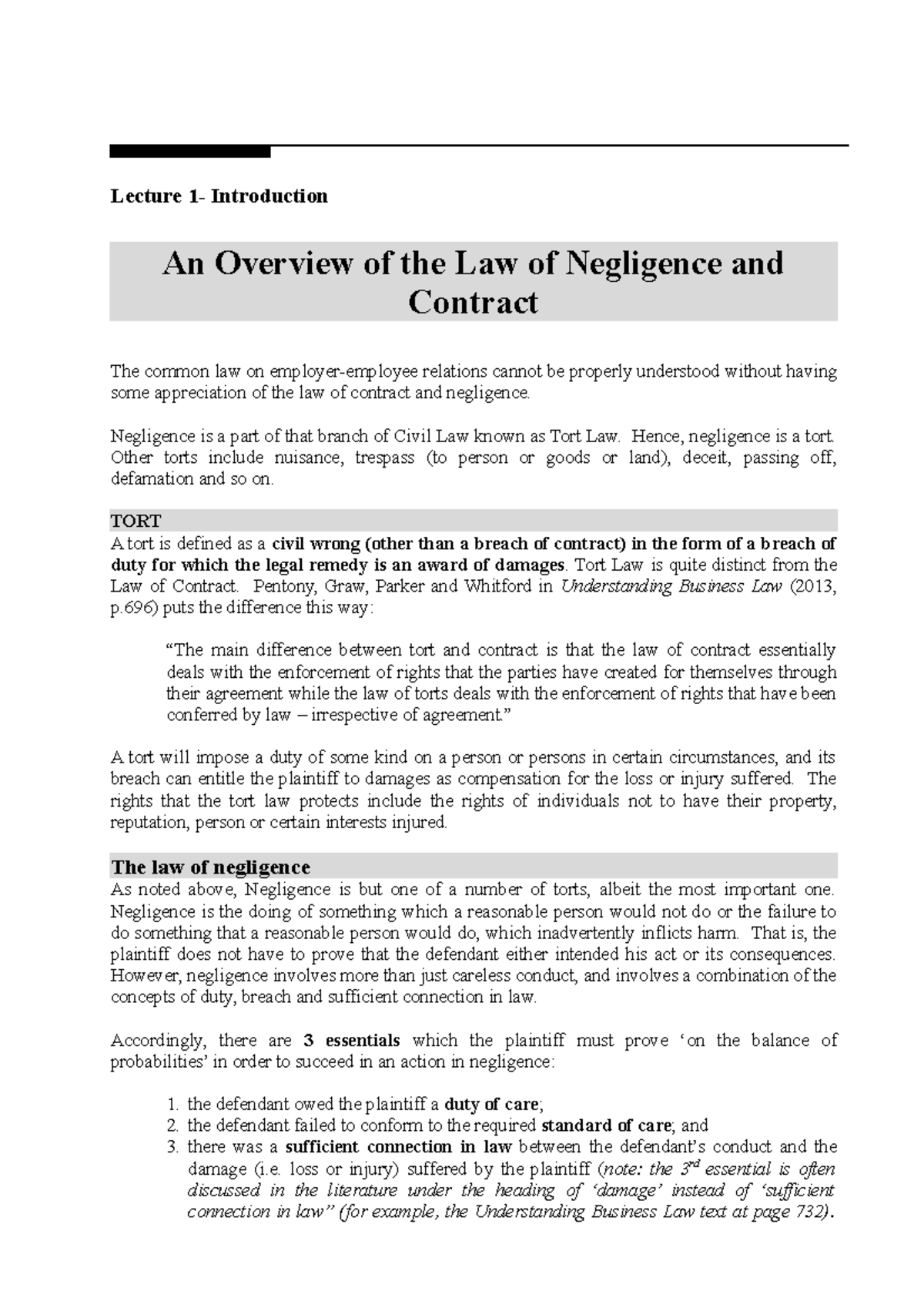 Law of Negligence and Contract Overview - Studocu