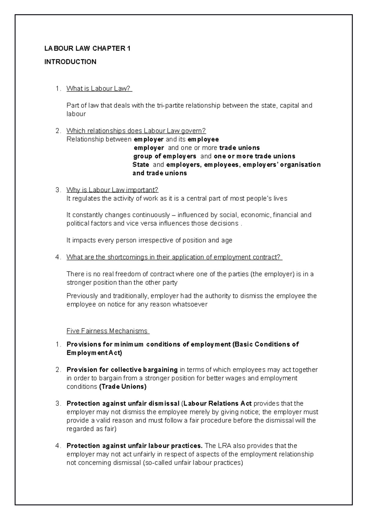 Labour LAW Chapter 1 - Summaries notes - LABOUR LAW CHAPTER 1 ...