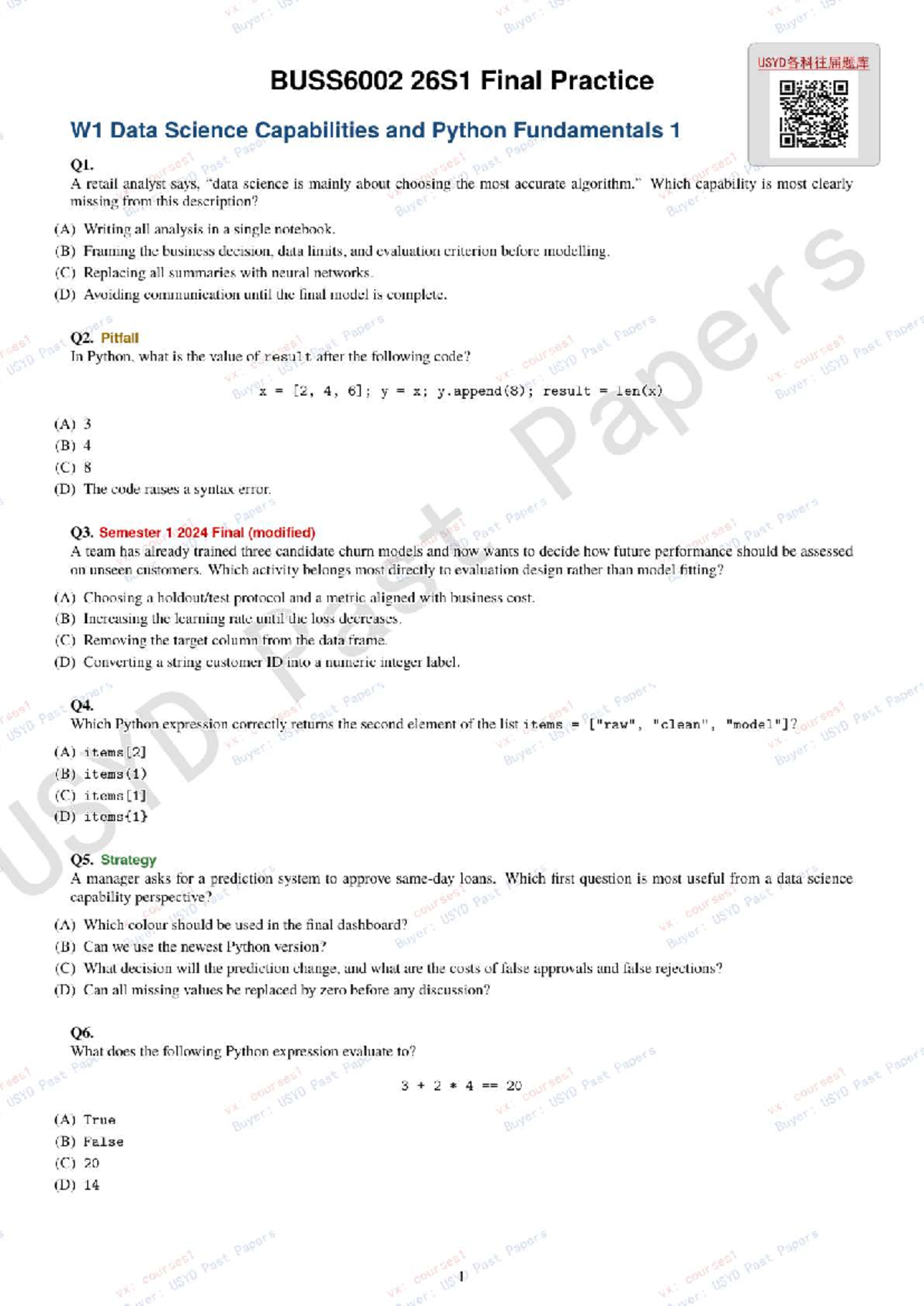 BUSS6002 26S1 Final Exam Practice: Data Science & Python Concepts - Studocu