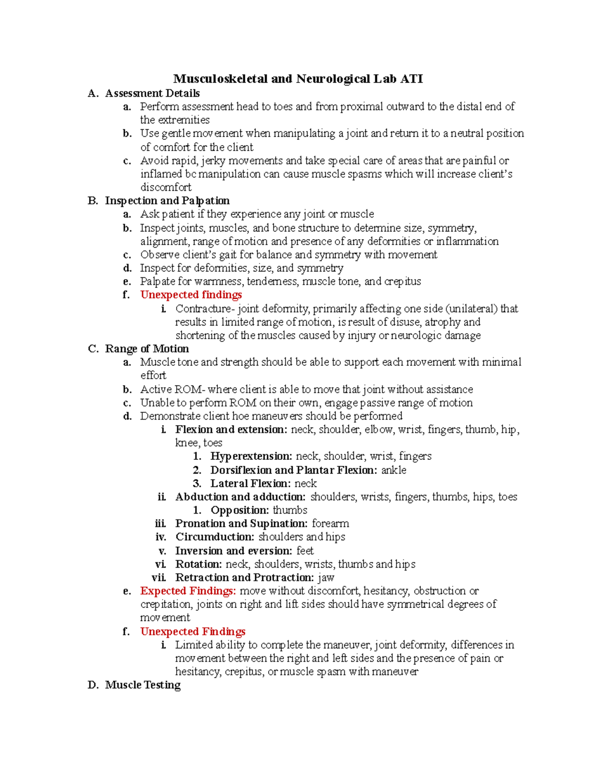 Musculoskeletal and Neurological Lab ATI - Assessment Details a ...