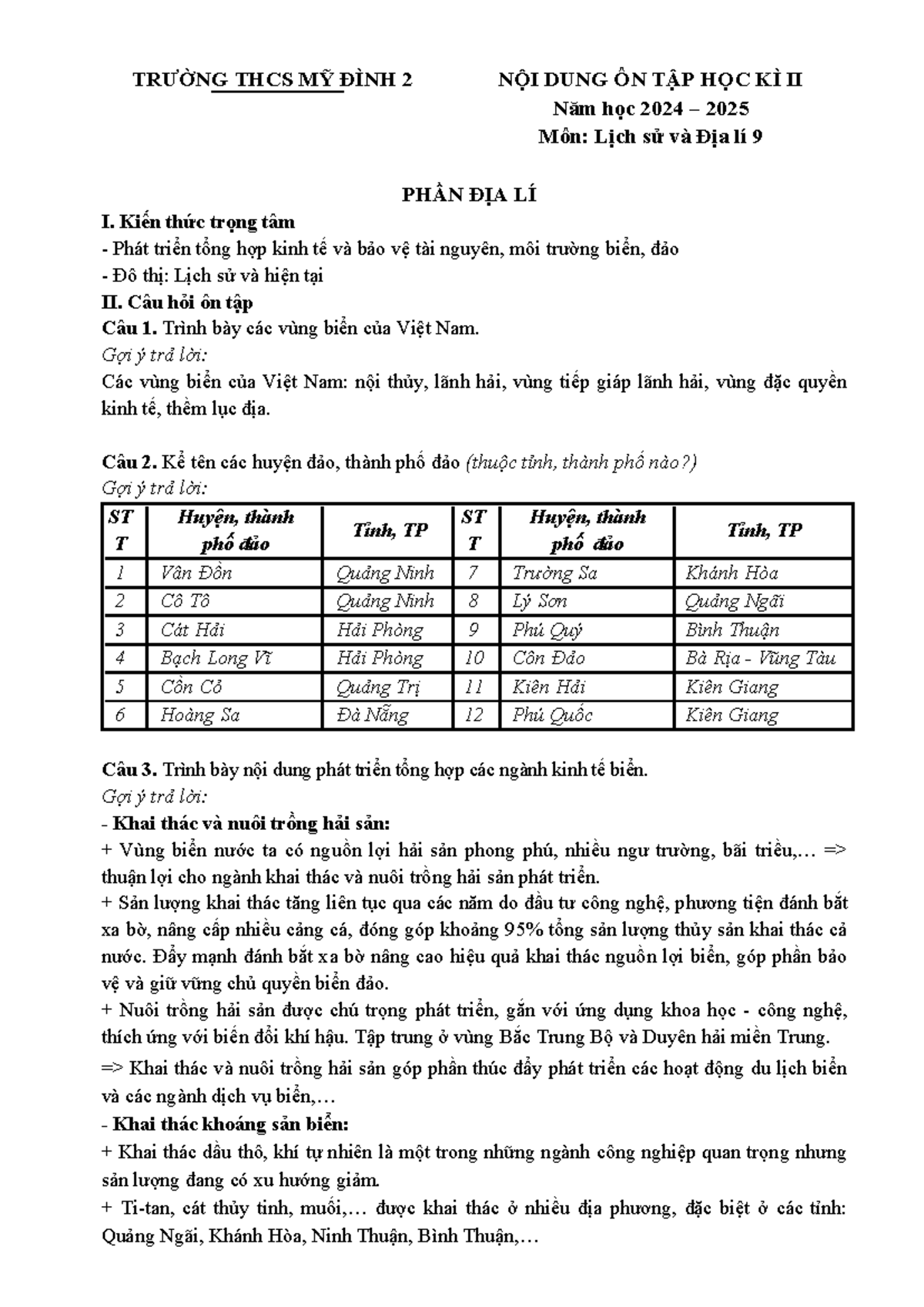 ÔN TẬP HỌC KÌ II Môn Lịch sử và Địa lí 9 - Địa lý 9 CKII - Studocu