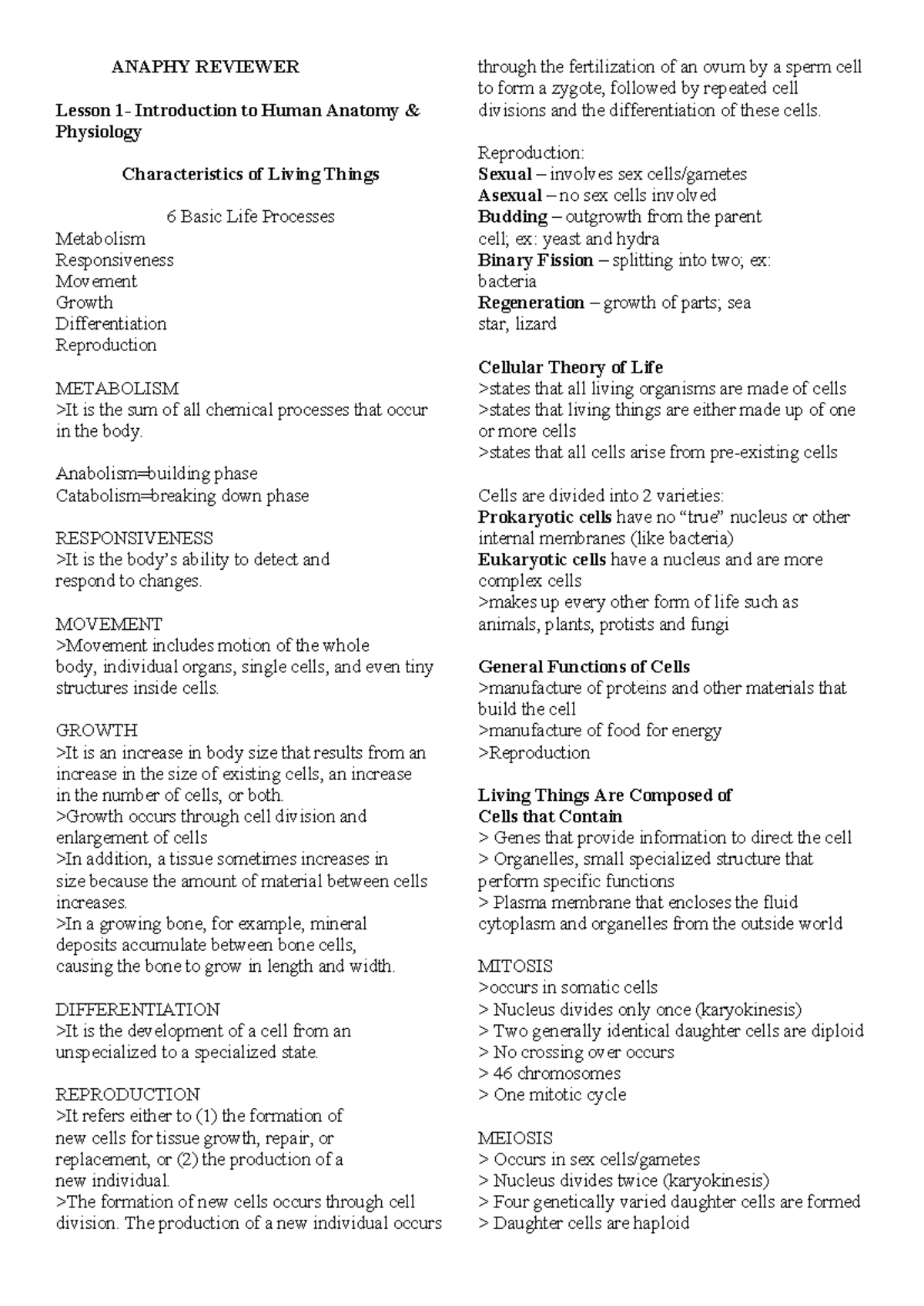 ANAPHY 101 Midterm Reviewer: Key Concepts in Anatomy & Physiology - Studocu