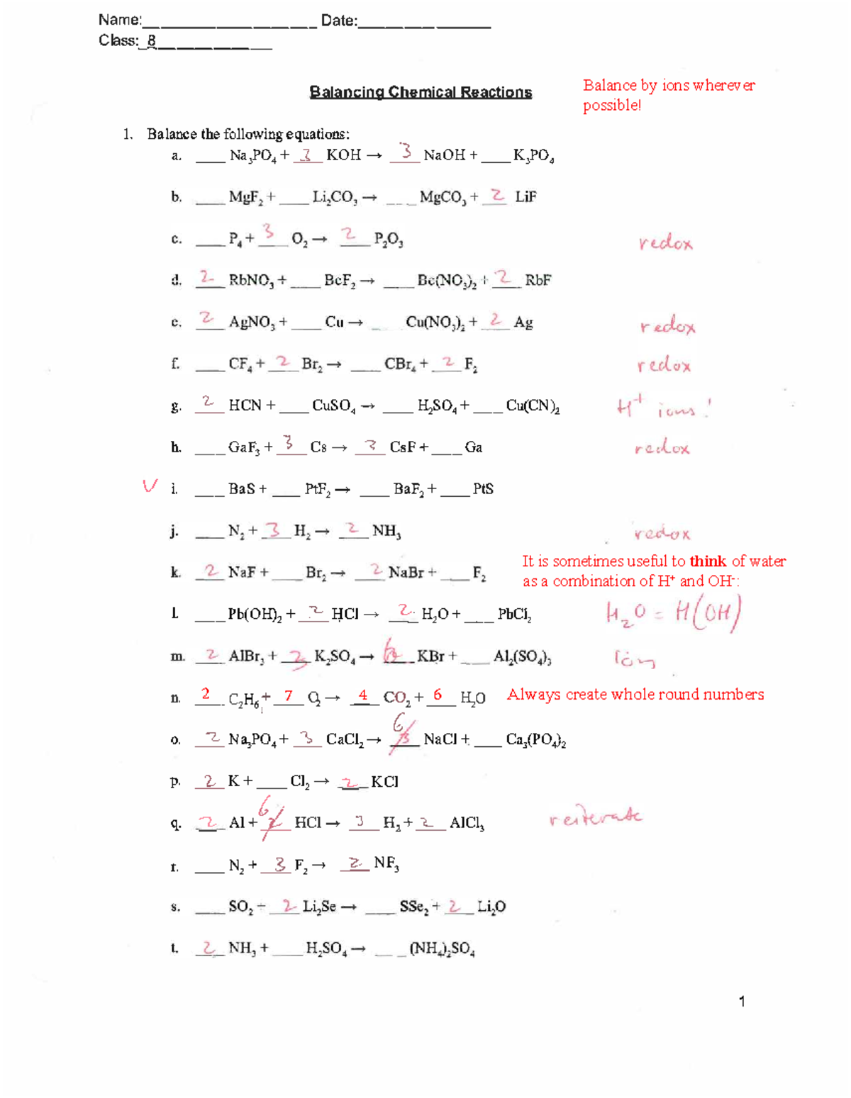 Balancing Chemical Reactions Answer Key (Chem 101) - Studocu