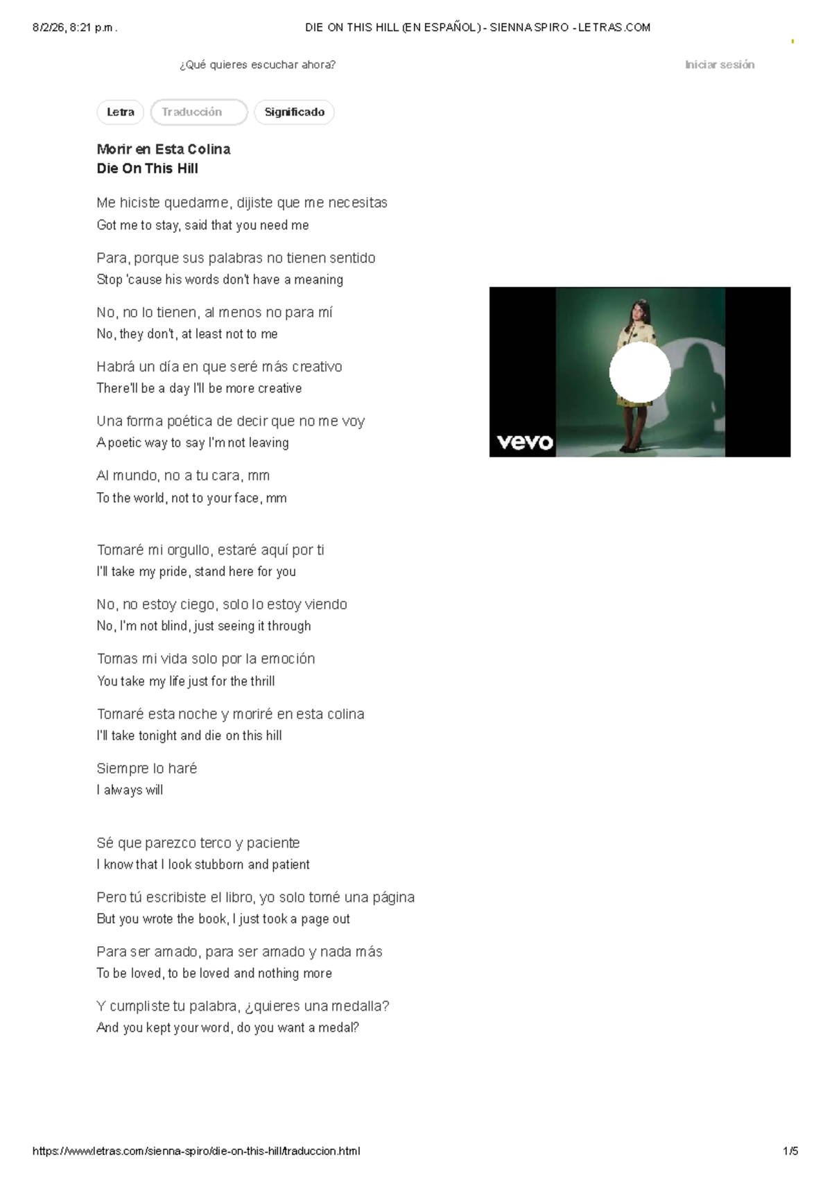 DIE ON THIS HILL (EN ESPAÑOL) - LETRA Y TRADUCCIÓN DE SIENNA SPIRO ...