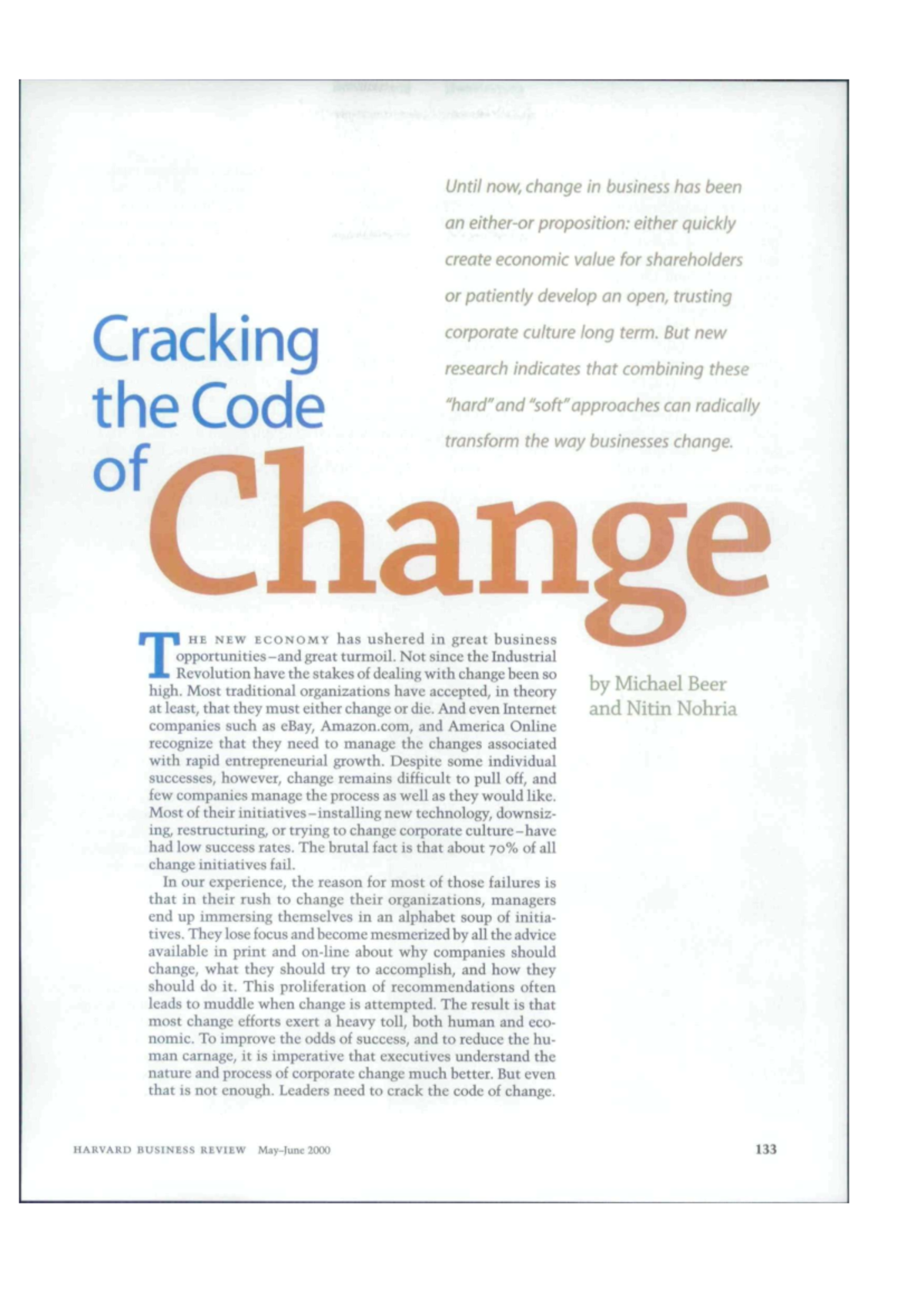 Cracking the Code of Change: Insights from Beer & Nohria (HBR) - Studocu