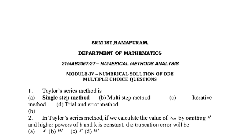 21MAB206T/2T - Numerical Methods Analysis: Module IV MCQs on ODE - Studocu
