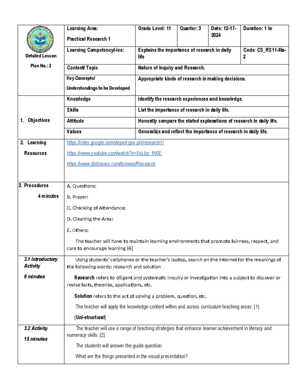 Practical Research 1 (Grade 11) Detailed Lesson Plan - Day 1 - Studocu