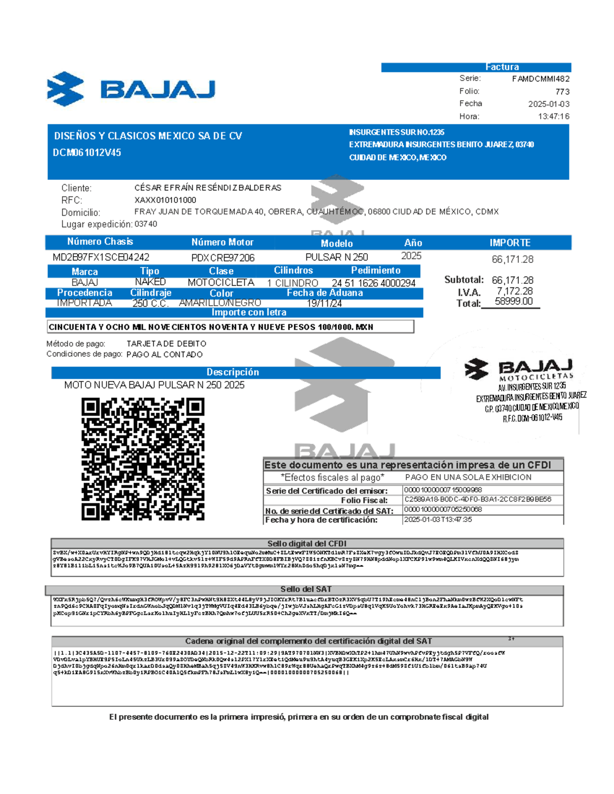Factura CFDI: BajaJ Pulsar N 250 - Folio 773 - 2025 - Studocu