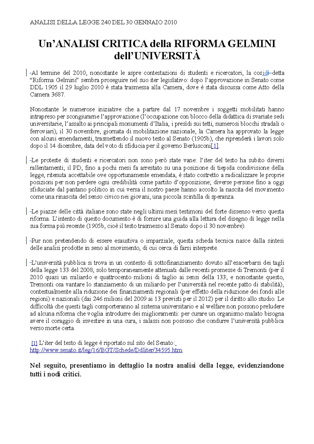 Analisi legge 240:2010 - Un’ANALISI CRITICA della RIFORMA GELMINI dell ...