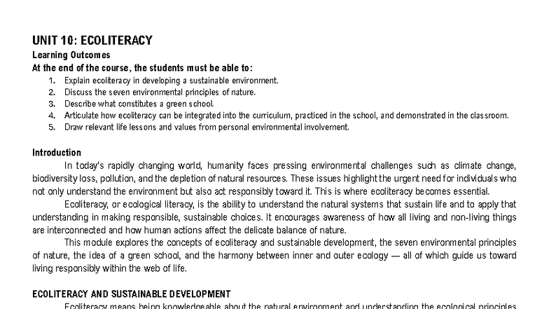 UNIT 10: Ecoliteracy and Sustainable Development Principles - Studocu