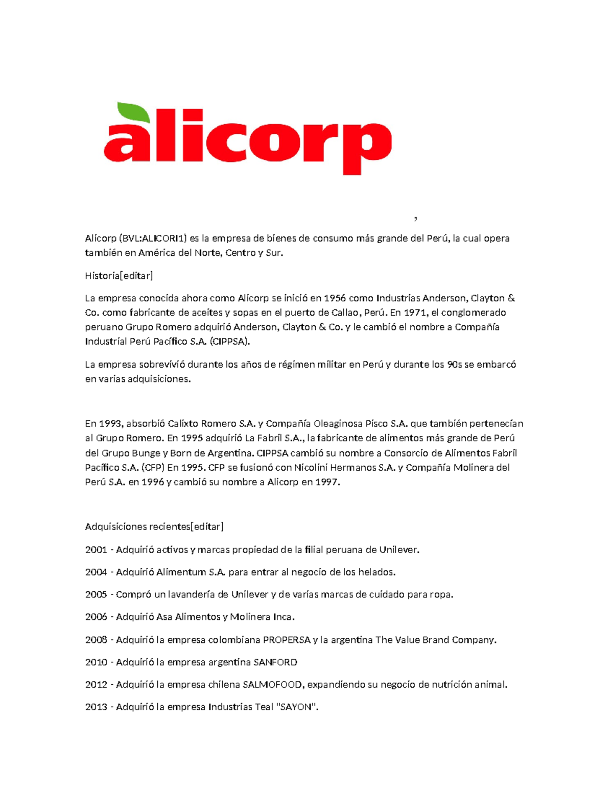 Alicorp: Historia, Adquisiciones y Resultados Financieros - Studocu