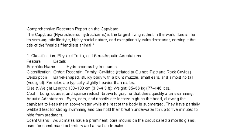 Capybara Research Report: Ecology, Behavior, and Conservation Insights ...