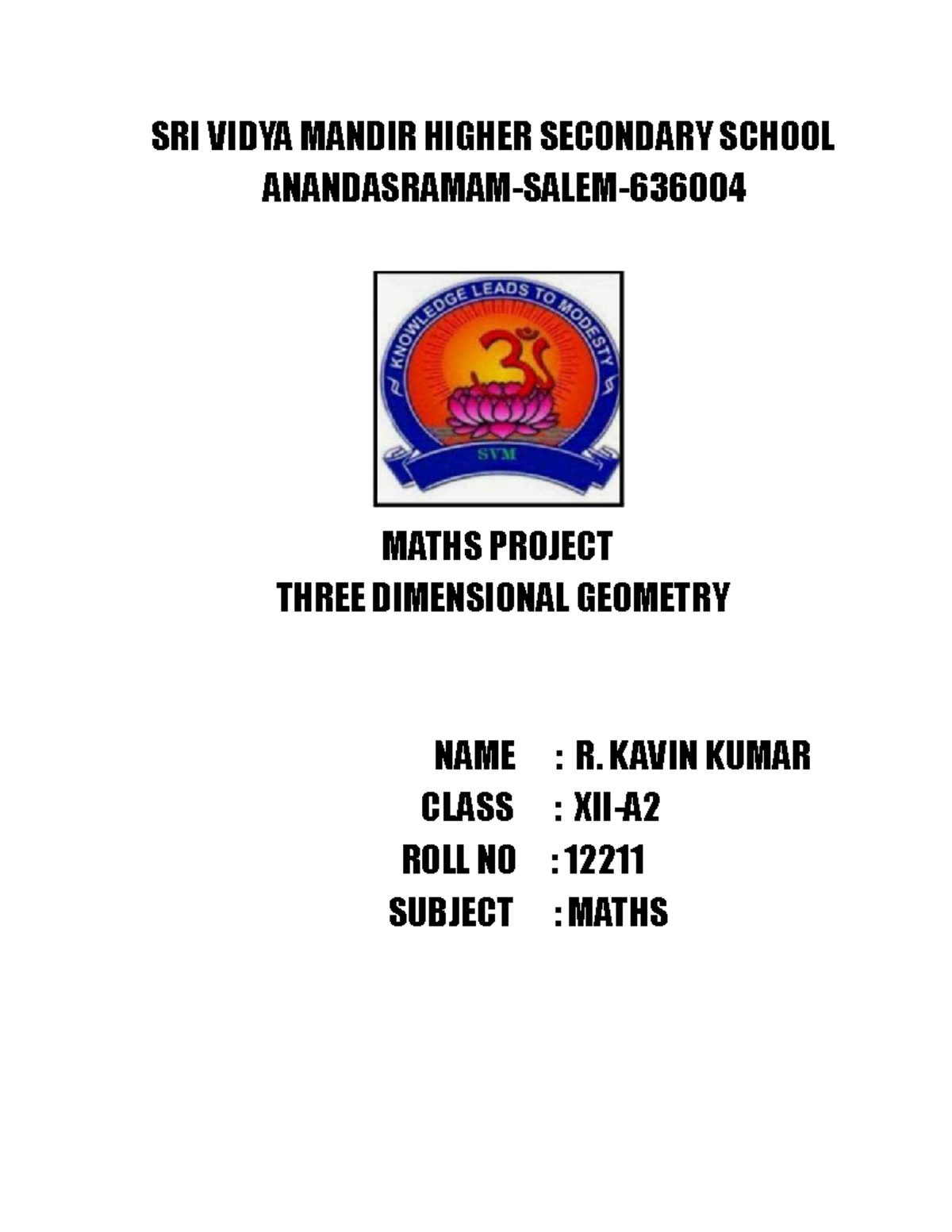 Maths Project on 3D Geometry for Class 12 - R. Kavin Kumar - Studocu
