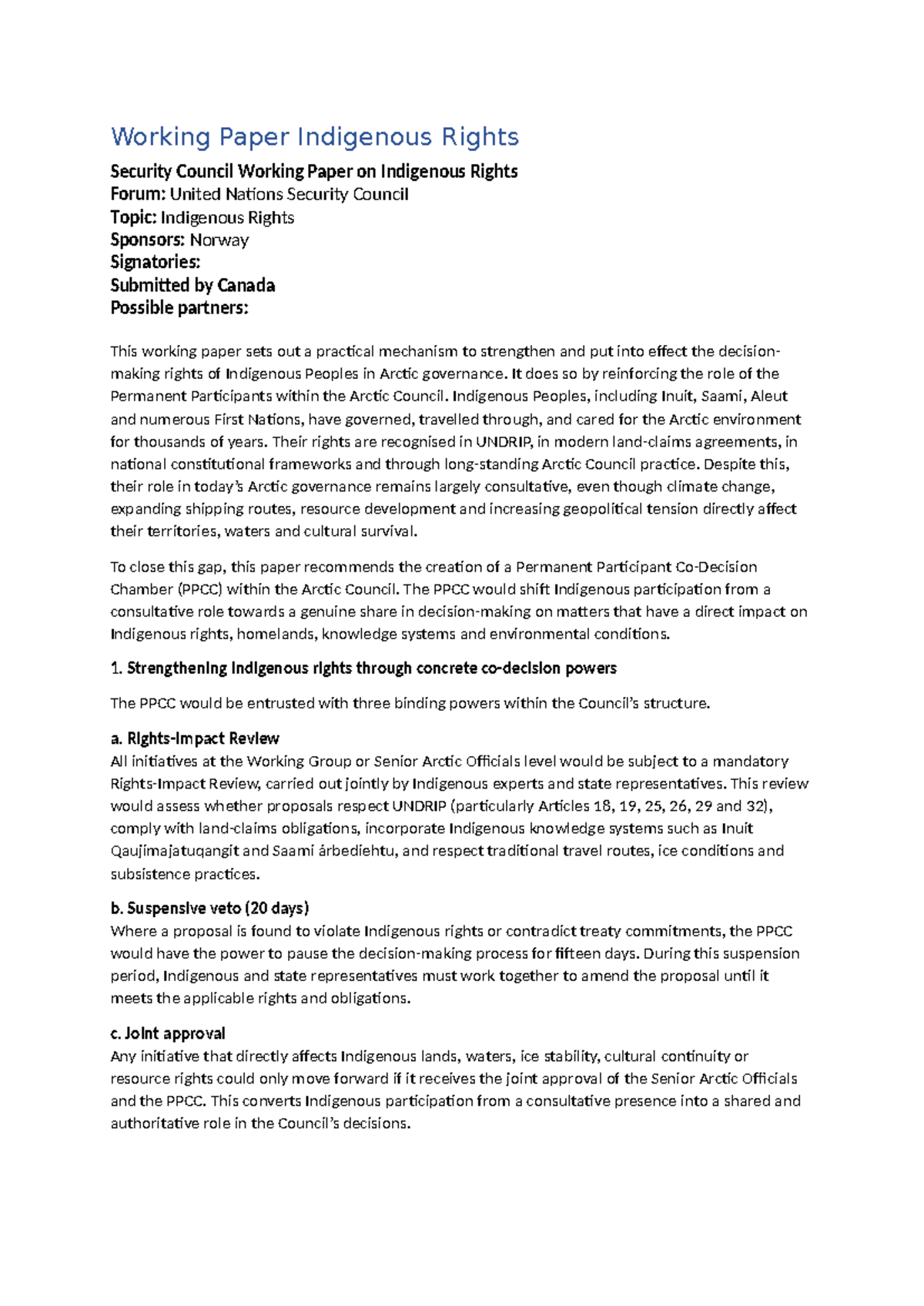 Working Paper: Enhancing Indigenous Rights in Arctic Governance - Studocu