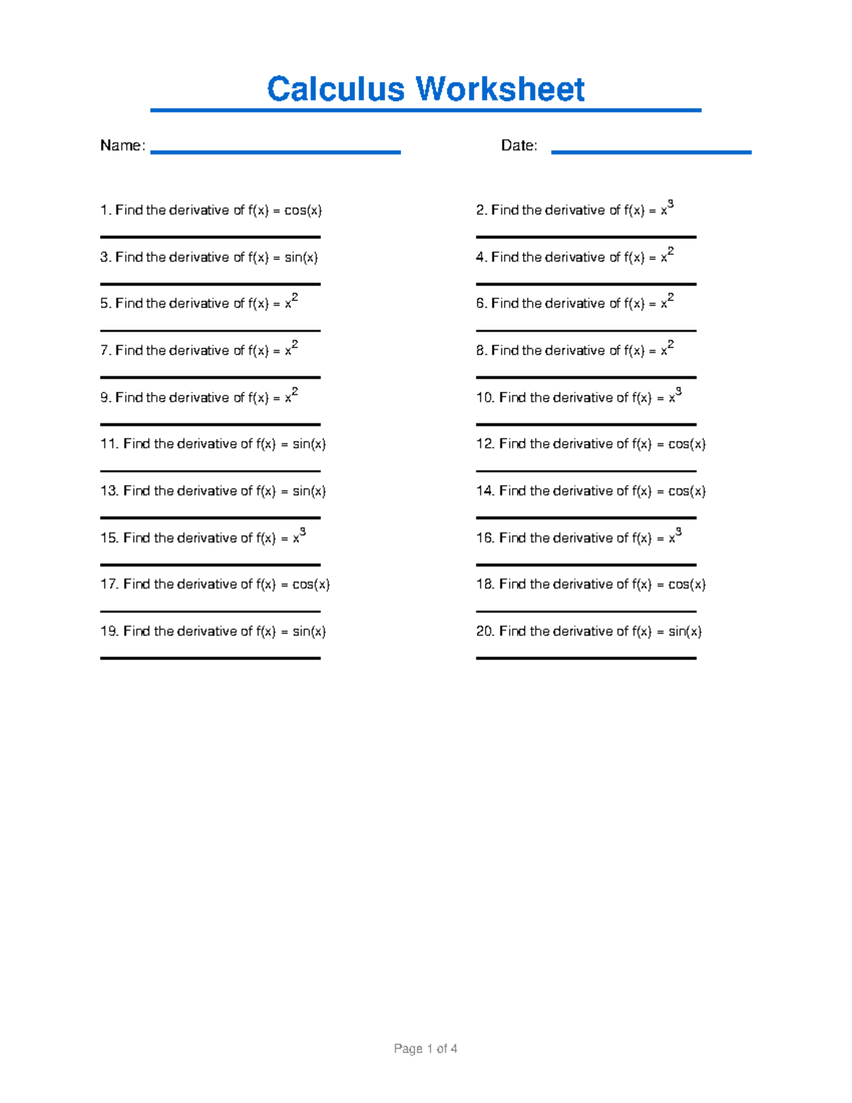 Calculus Worksheet 7: Derivatives Practice and Answer Key - Studocu