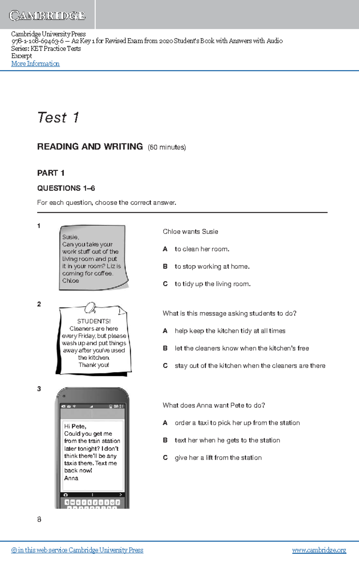 Cambridge University Press A2 Key 1 KET Practice Test 1: Reading ...