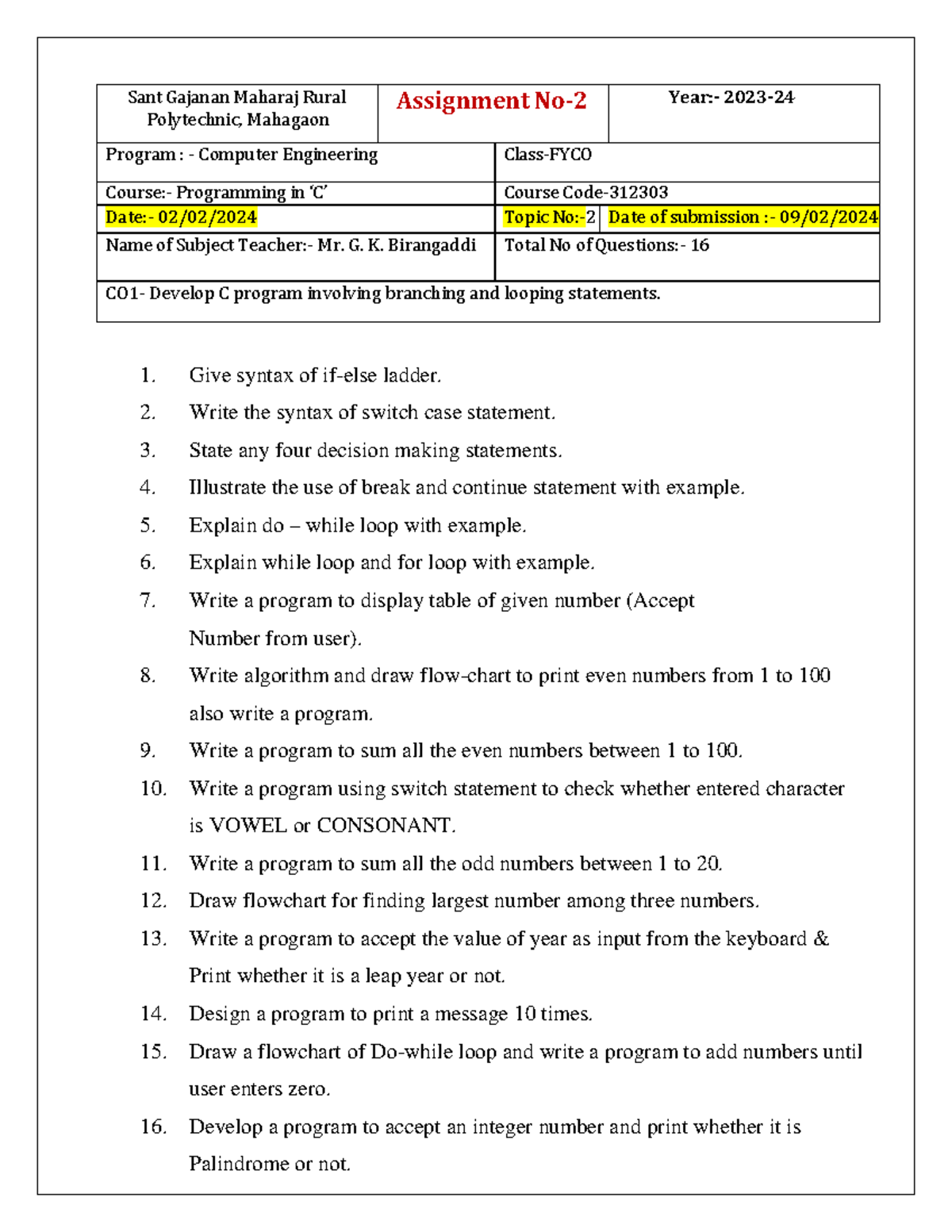 CSE Assignment 2: C Programming with Branching & Looping - Studocu