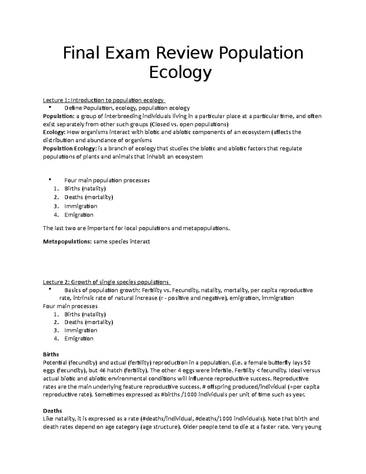 Final Exam Review: Population Ecology (Course Code: ECOL101) - Studocu