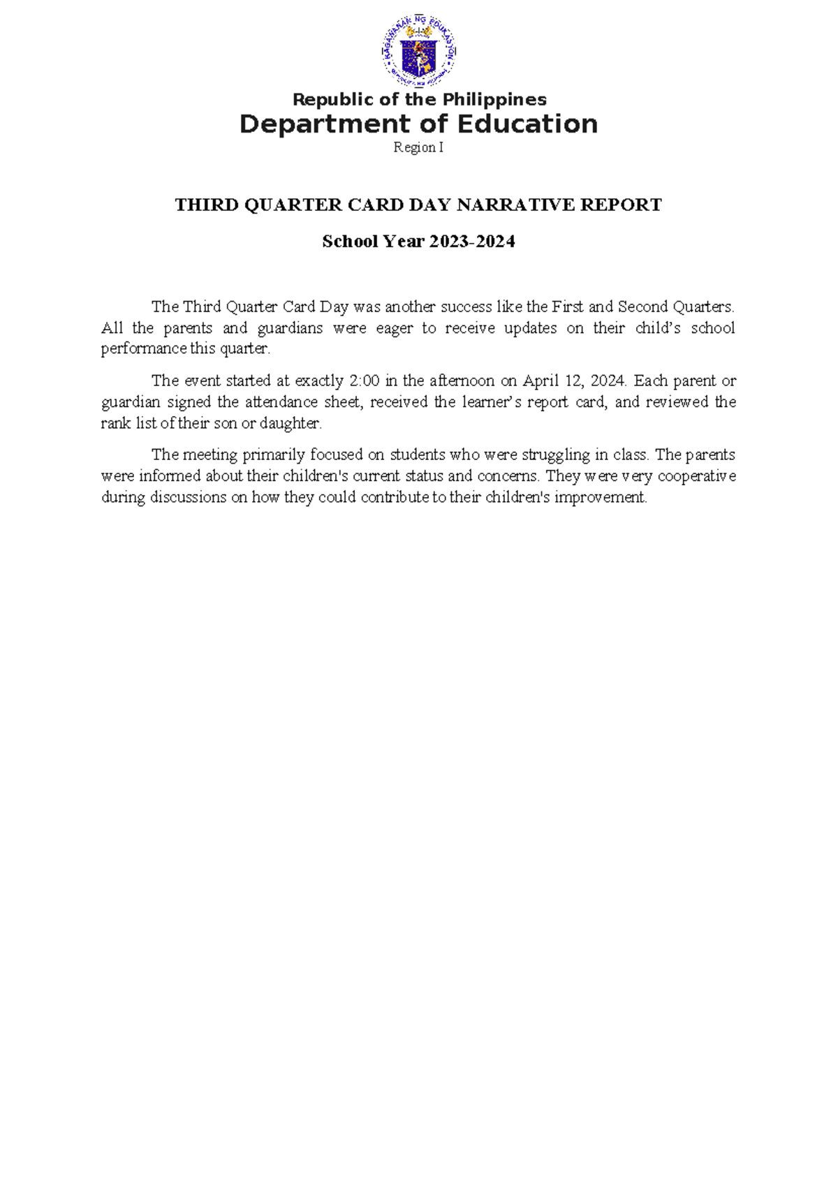 Third Quarter Card Day Narrative Report - SY 2023-2024 - Studocu