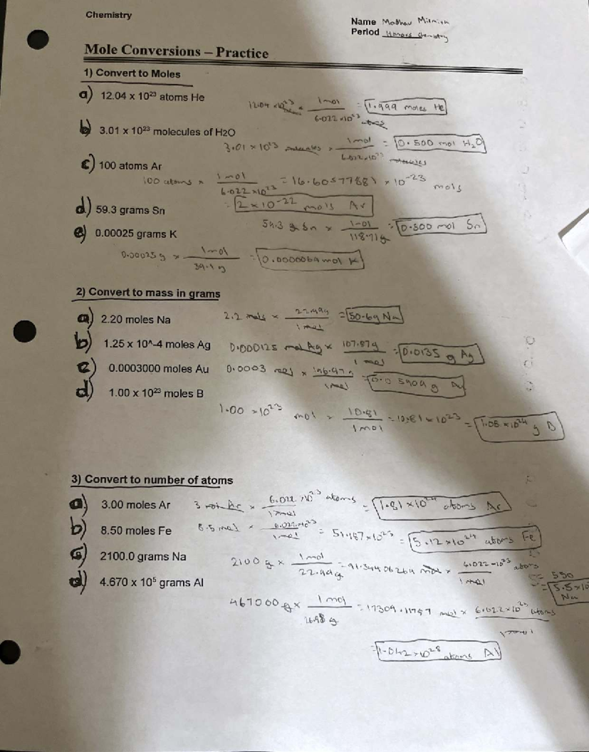 Hw-06 - Honors Chemistry Unit 1 Mole Conversions Practice - Studocu