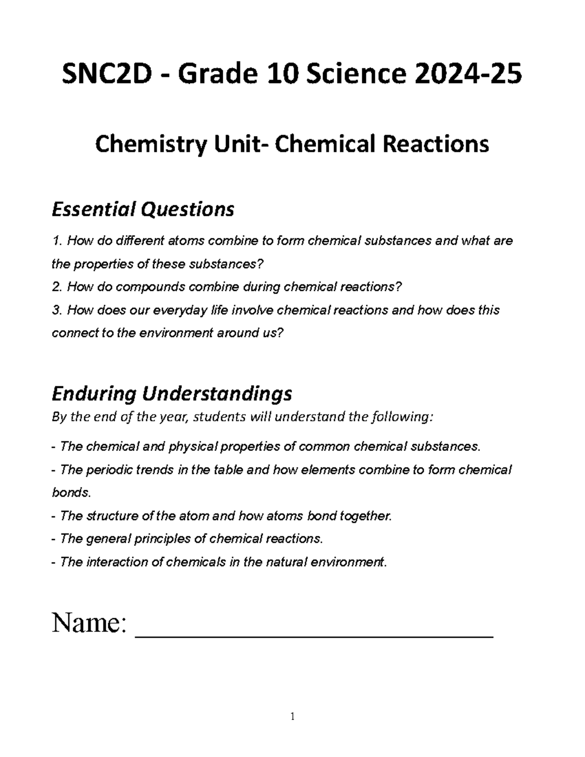 SNC2D Grade 10 Science: Essential Questions on Chemical Reactions - Studocu