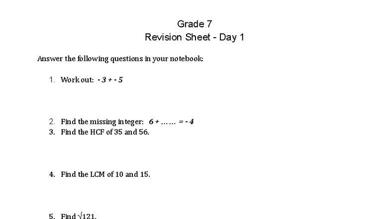 Grade 7 Revision Sheet: Day 1 Questions and Answers - Studocu