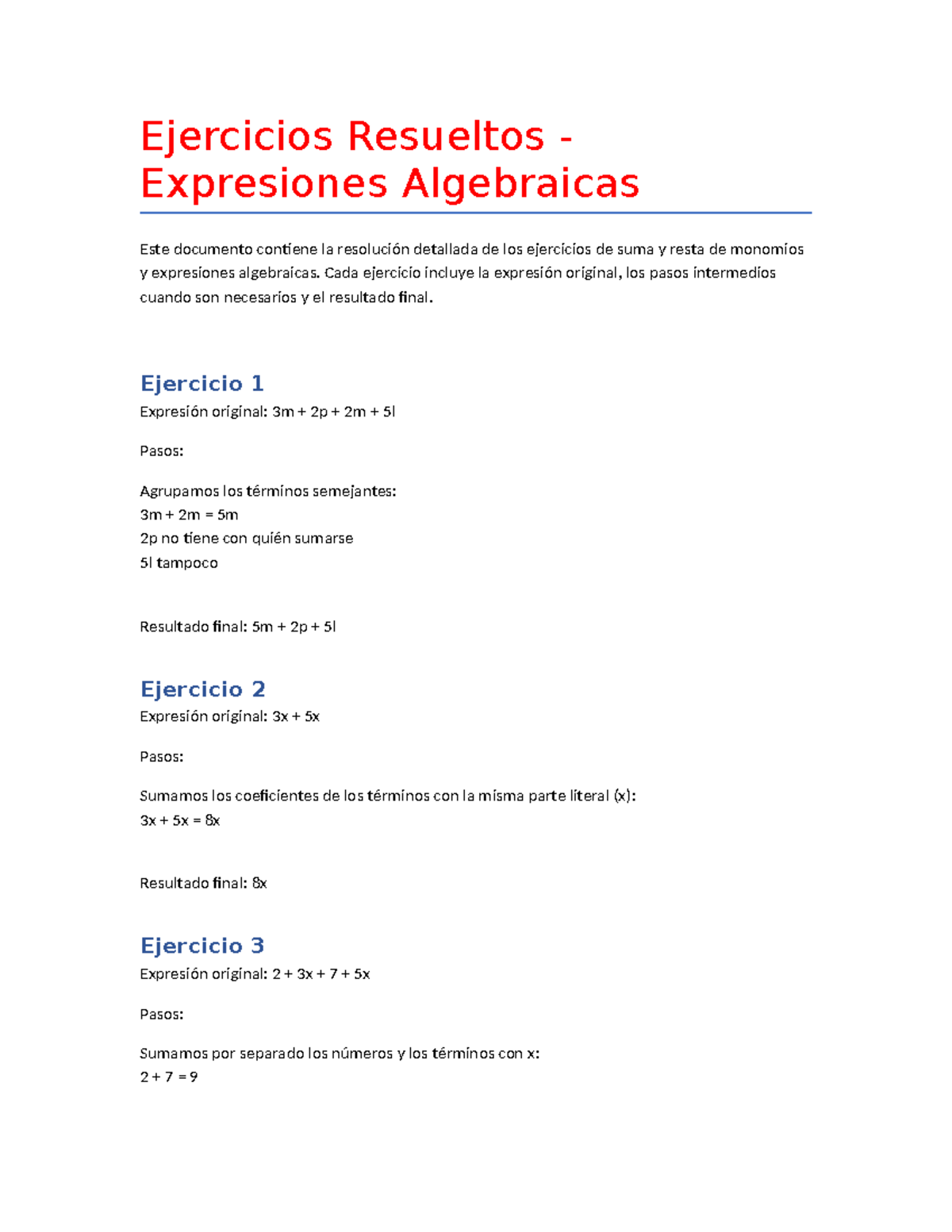 Ejercicios Resueltos de Expresiones Algebraicas - ECCSC - Studocu