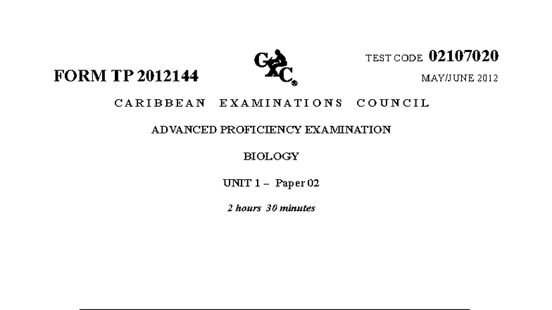 CAPE Biology 2012 Unit 1 Paper 02 - Past Examination Paper - Studocu