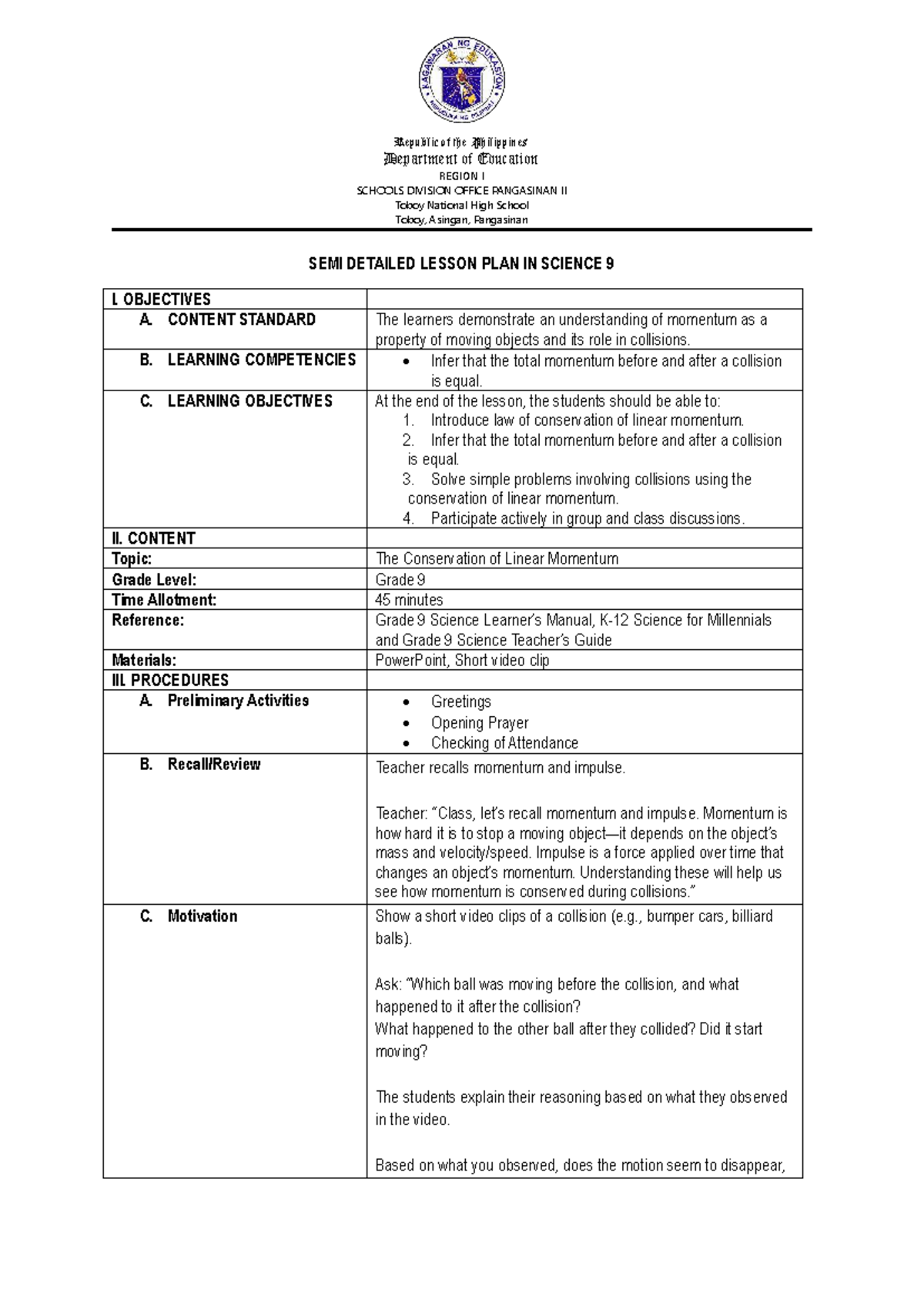 SEMI DETAILED LESSON PLAN IN SCIENCE 9: Conservation of Momentum - Studocu