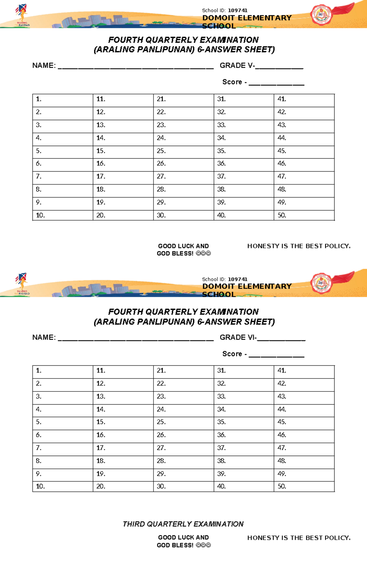First- Quarterly- Examination- Answer- Sheet (1) - DOMOIT ELEMENTARY SCHOOL Purok Sampaguita ...